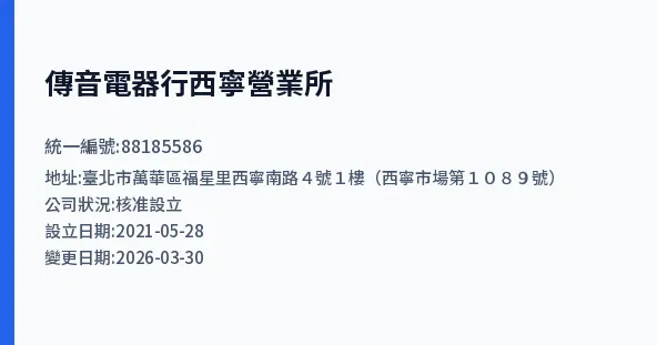 傳音電器行西寧營業所的照片-統編 88185586(臺北市) 公司登記資料與營業項目詳細圖表