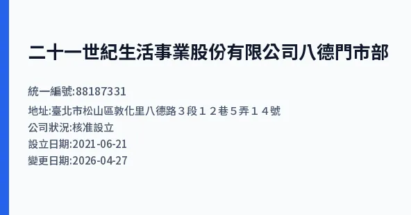 二十一世紀生活事業股份有限公司八德門市部的照片-統編 88187331(臺北市) 公司登記資料與營業項目詳細圖表
