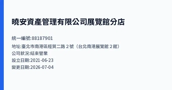 曉安資產管理有限公司展覽館分店的照片-統編 88187901(臺北市) 公司登記資料與營業項目詳細圖表