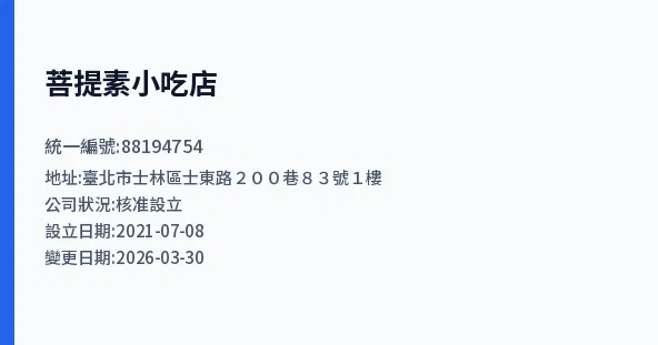菩提素小吃店的照片-統編 88194754(臺北市) 公司登記資料與營業項目詳細圖表