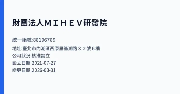 財團法人MIH EV 研發院的照片-統編 88196789(臺北市) 公司登記資料與營業項目詳細圖表