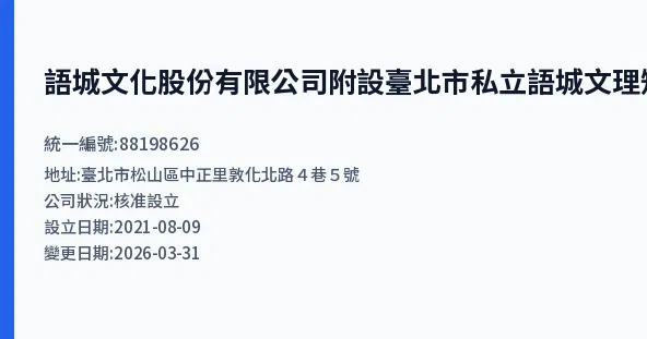 語城文化股份有限公司附設臺北市私立語城文理短期補習班復興分班的照片-統編 88198626(臺北市) 公司登記資料與營業項目詳細圖表