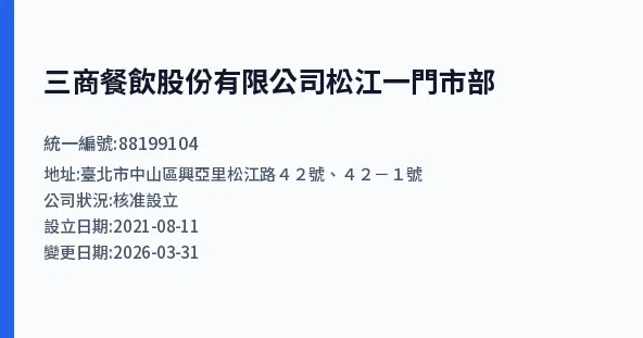 三商餐飲股份有限公司松江一門市部的照片-統編 88199104(臺北市) 公司登記資料與營業項目詳細圖表