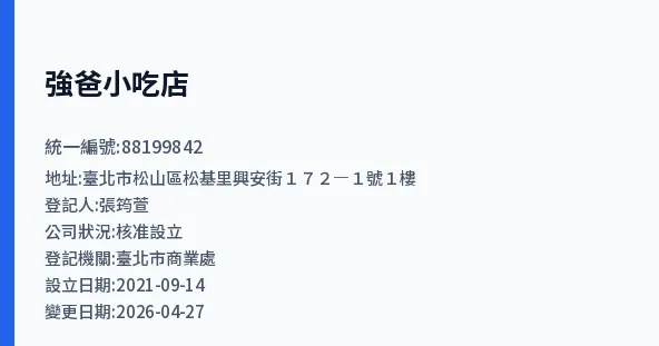 強爸小吃店的照片-統編 88199842(臺北市) 公司登記資料與營業項目詳細圖表