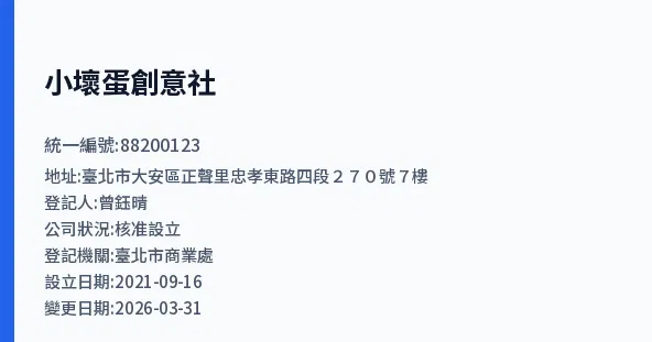 小壞蛋創意社的照片-統編 88200123(臺北市) 公司登記資料與營業項目詳細圖表