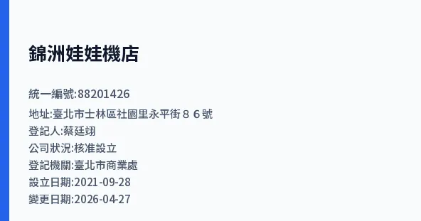 錦洲娃娃機店的照片-統編 88201426(臺北市) 公司登記資料與營業項目詳細圖表