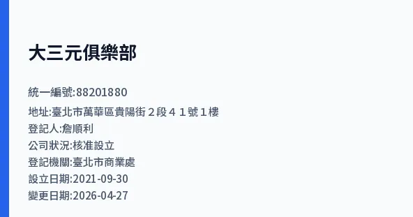 大三元俱樂部的照片-統編 88201880(臺北市) 公司登記資料與營業項目詳細圖表