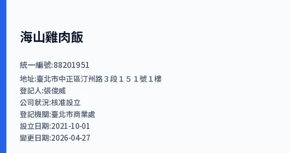 海山雞肉飯的照片-統編 88201951(臺北市) 公司登記資料與營業項目詳細圖表