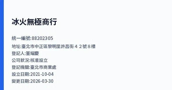 冰火無極商行的照片-統編 88202305(臺北市) 公司登記資料與營業項目詳細圖表