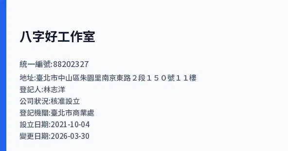 八字好工作室的照片-統編 88202327(臺北市) 公司登記資料與營業項目詳細圖表