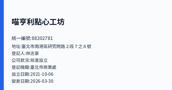 喵亨利點心工坊的照片-統編 88202781(臺北市) 公司登記資料與營業項目詳細圖表