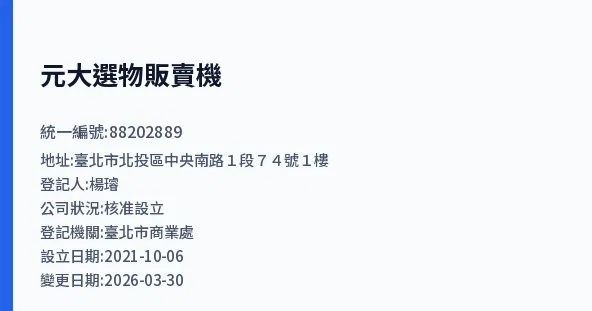 元大選物販賣機的照片-統編 88202889(臺北市) 公司登記資料與營業項目詳細圖表