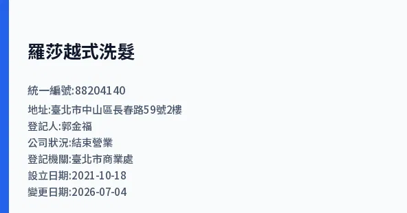 羅莎越式洗髮的照片-統編 88204140(臺北市) 公司登記資料與營業項目詳細圖表