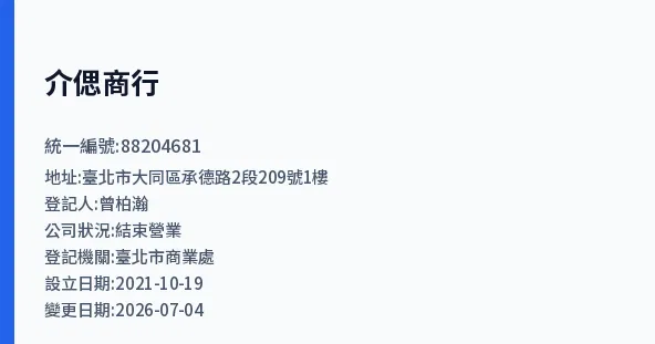 介偲商行的照片-統編 88204681(臺北市) 公司登記資料與營業項目詳細圖表