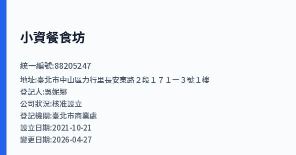 小資餐食坊的照片-統編 88205247(臺北市) 公司登記資料與營業項目詳細圖表
