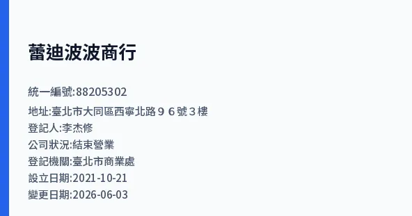 蕾迪波波商行的照片-統編 88205302(臺北市) 公司登記資料與營業項目詳細圖表