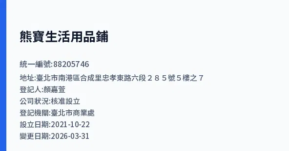 熊寶生活用品鋪的照片-統編 88205746(臺北市) 公司登記資料與營業項目詳細圖表
