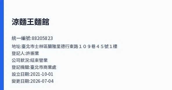 涼麵王麵館的照片-統編 88205823(臺北市) 公司登記資料與營業項目詳細圖表