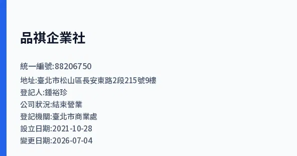 品祺企業社的照片-統編 88206750(臺北市) 公司登記資料與營業項目詳細圖表