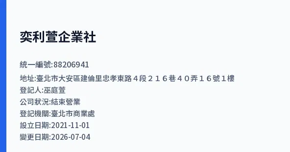 奕利萱企業社的照片-統編 88206941(臺北市) 公司登記資料與營業項目詳細圖表