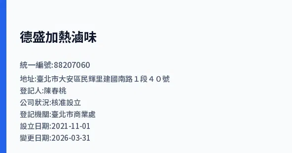 德盛加熱滷味的照片-統編 88207060(臺北市) 公司登記資料與營業項目詳細圖表