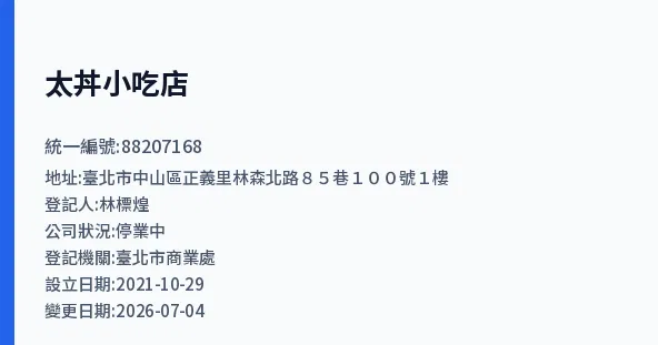 太丼小吃店的照片-統編 88207168(臺北市) 公司登記資料與營業項目詳細圖表