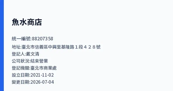 魚水商店的照片-統編 88207358(臺北市) 公司登記資料與營業項目詳細圖表