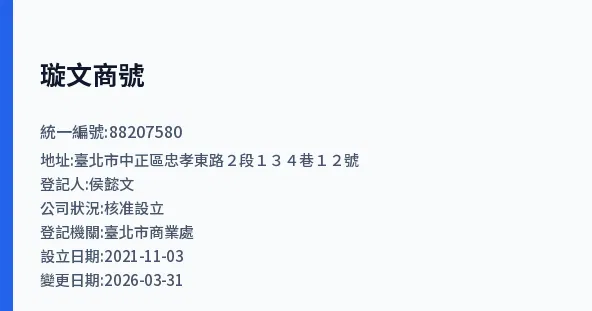 璇文商號的照片-統編 88207580(臺北市) 公司登記資料與營業項目詳細圖表