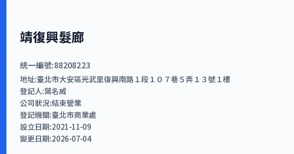 靖復興髮廊的照片-統編 88208223(臺北市) 公司登記資料與營業項目詳細圖表