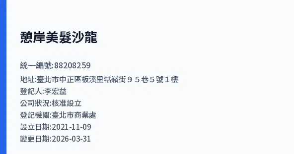 憩岸美髮沙龍的照片-統編 88208259(臺北市) 公司登記資料與營業項目詳細圖表