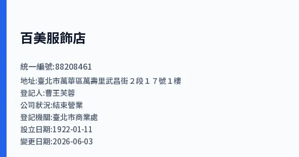 百美服飾店的照片-統編 88208461(臺北市) 公司登記資料與營業項目詳細圖表