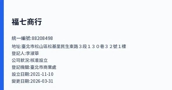 福七商行的照片-統編 88208498(臺北市) 公司登記資料與營業項目詳細圖表