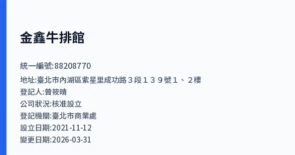 金鑫牛排館的照片-統編 88208770(臺北市) 公司登記資料與營業項目詳細圖表