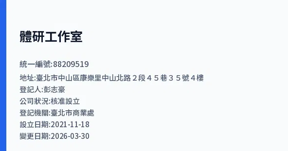體研工作室的照片-統編 88209519(臺北市) 公司登記資料與營業項目詳細圖表