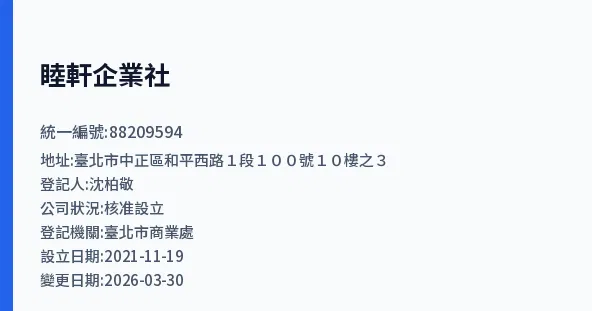 睦軒企業社的照片-統編 88209594(臺北市) 公司登記資料與營業項目詳細圖表