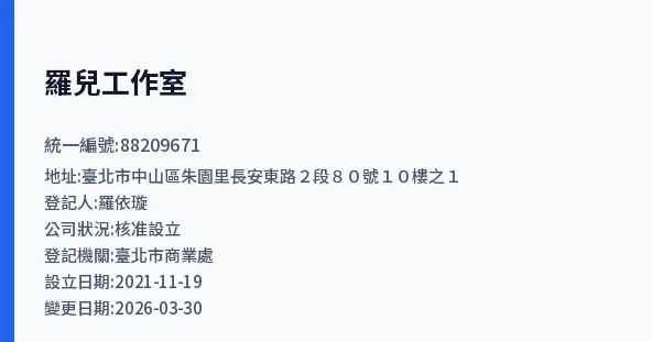 羅兒工作室的照片-統編 88209671(臺北市) 公司登記資料與營業項目詳細圖表