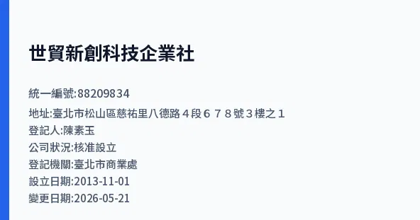 世貿新創科技企業社的照片-統編 88209834(臺北市) 公司登記資料與營業項目詳細圖表