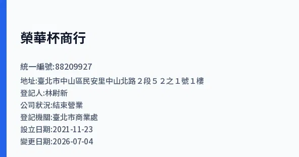 榮華杯商行的照片-統編 88209927(臺北市) 公司登記資料與營業項目詳細圖表