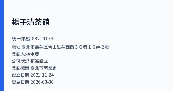 楊子清茶館的照片-統編 88210179(臺北市) 公司登記資料與營業項目詳細圖表