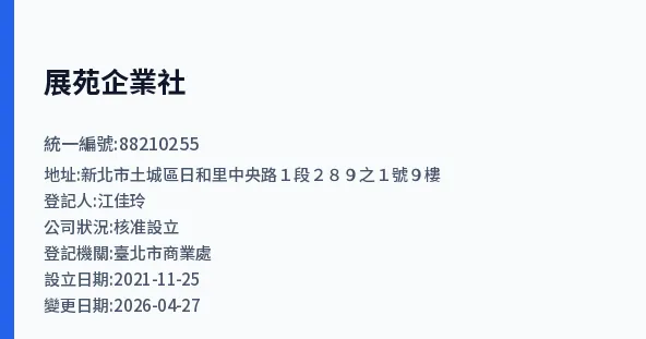 展苑企業社的照片-統編 88210255(新北市) 公司登記資料與營業項目詳細圖表