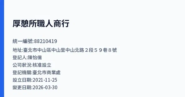 厚憩所職人商行的照片-統編 88210419(臺北市) 公司登記資料與營業項目詳細圖表