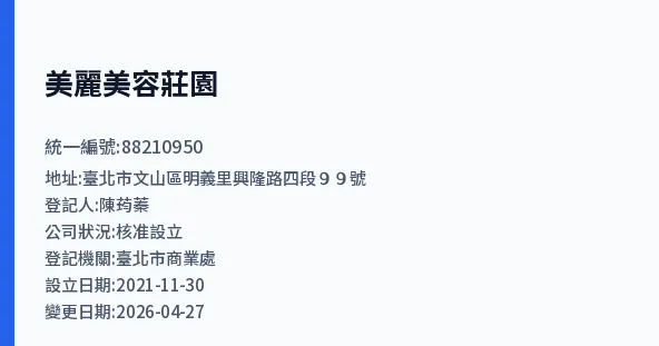 美麗美容莊園的照片-統編 88210950(臺北市) 公司登記資料與營業項目詳細圖表
