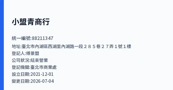 小盟青商行的照片-統編 88211347(臺北市) 公司登記資料與營業項目詳細圖表