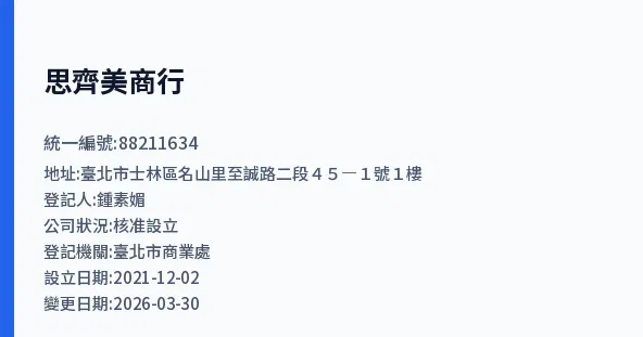 思齊美商行的照片-統編 88211634(臺北市) 公司登記資料與營業項目詳細圖表