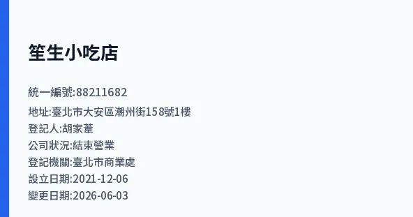 笙生小吃店的照片-統編 88211682(臺北市) 公司登記資料與營業項目詳細圖表