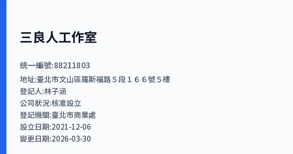 三良人工作室的照片-統編 88211803(臺北市) 公司登記資料與營業項目詳細圖表
