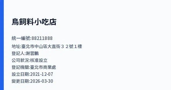 鳥飼料小吃店的照片-統編 88211888(臺北市) 公司登記資料與營業項目詳細圖表