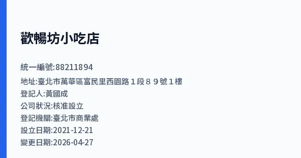 歡暢坊小吃店的照片-統編 88211894(臺北市) 公司登記資料與營業項目詳細圖表