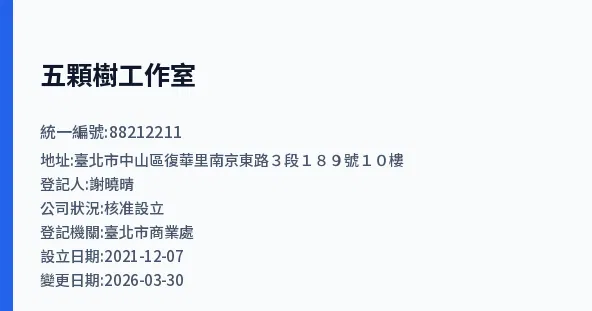 五顆樹工作室的照片-統編 88212211(臺北市) 公司登記資料與營業項目詳細圖表