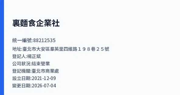 裏麵食企業社的照片-統編 88212535(臺北市) 公司登記資料與營業項目詳細圖表